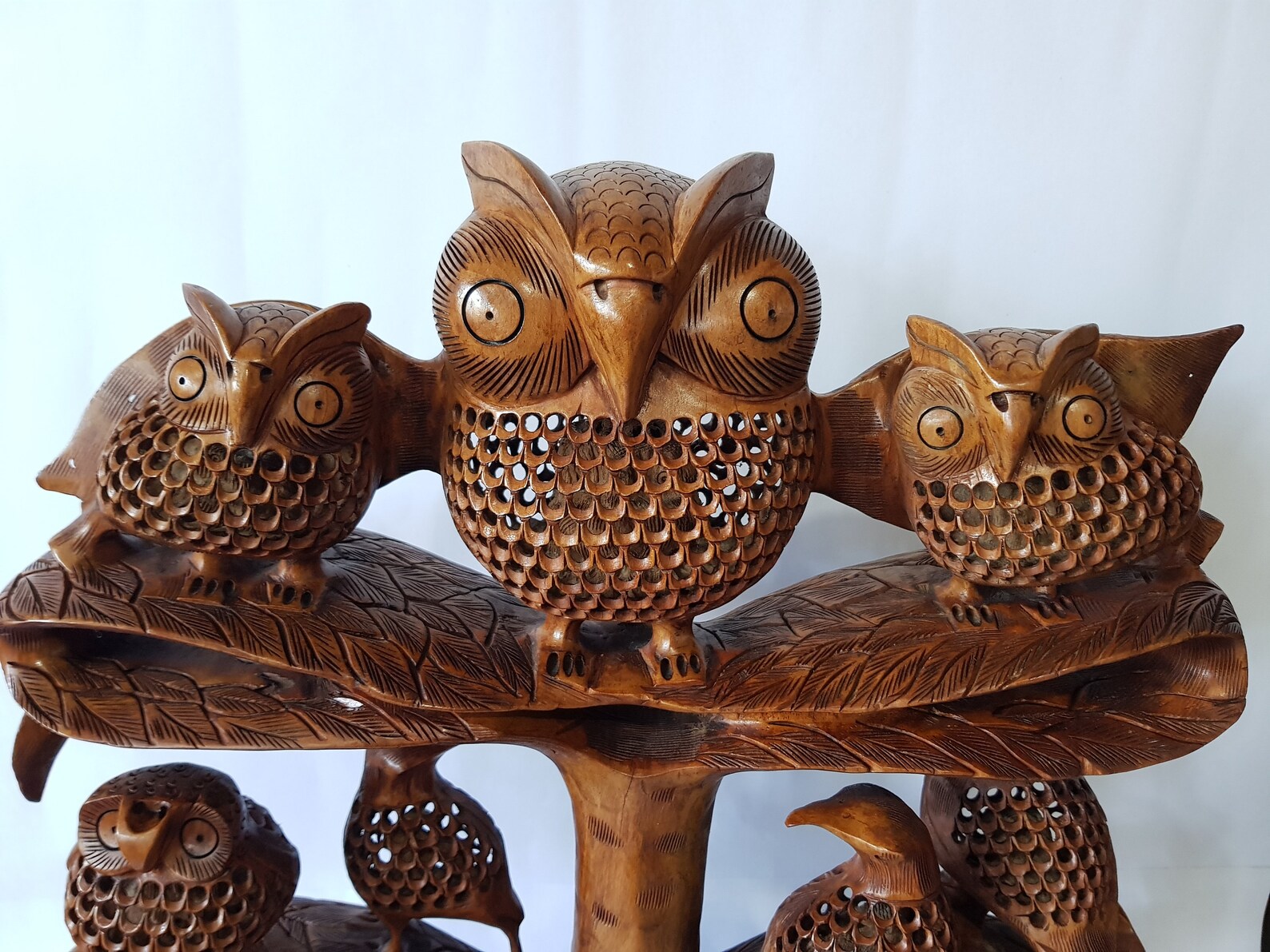 19inch Walnut Owl Family Figurine Curio Handmade Walnut Net Carved ...