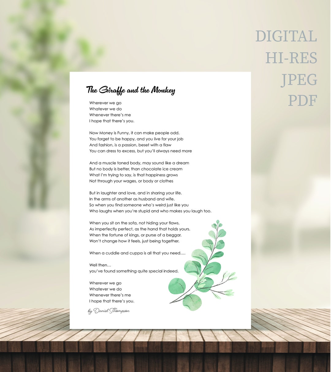 Printable Giraffe and the Monkey Poem Wedding Present Anniversary Engagement House Warming ...