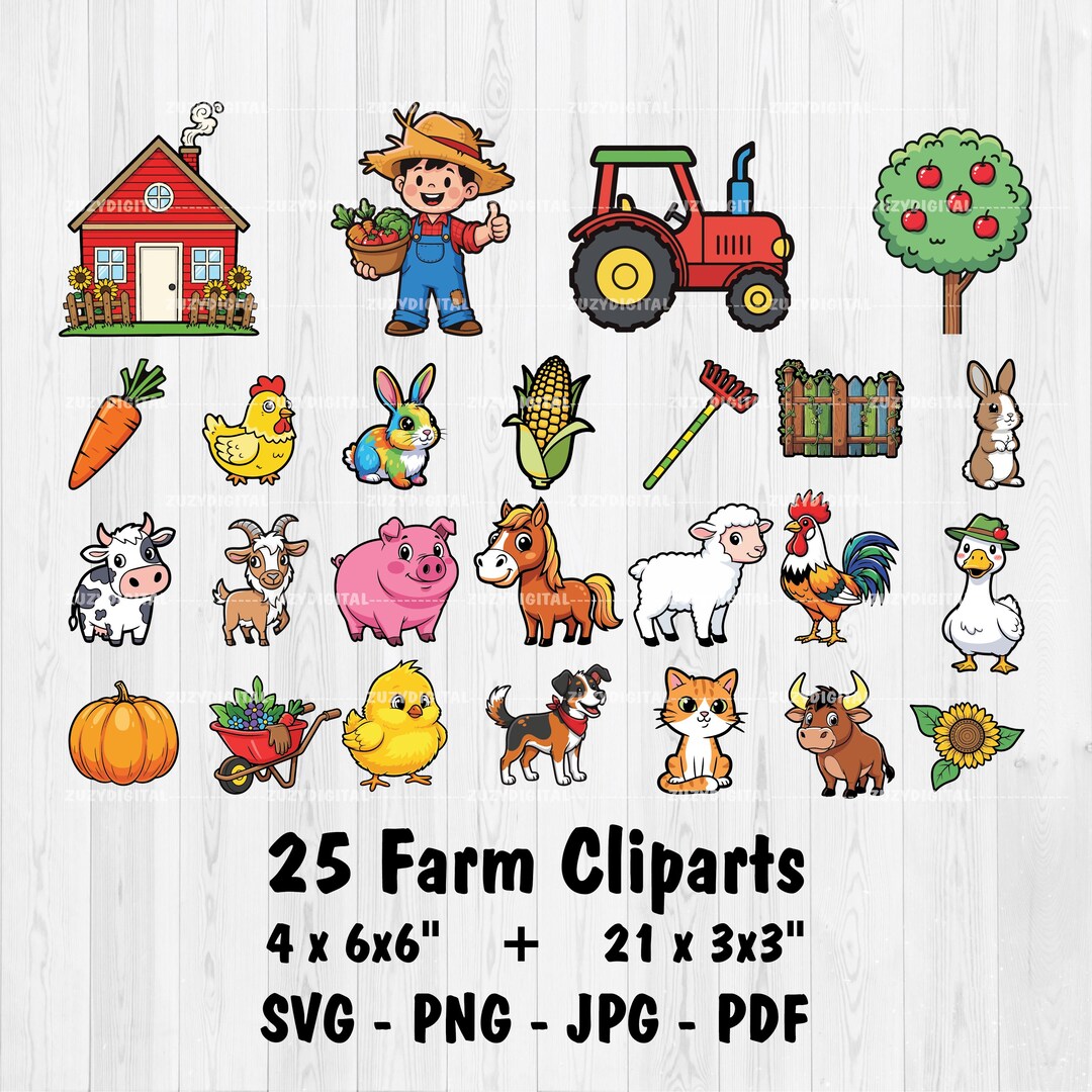 Farm Animal Clipart Bundle - 25 Cute Farm Illustrations - Digital ...