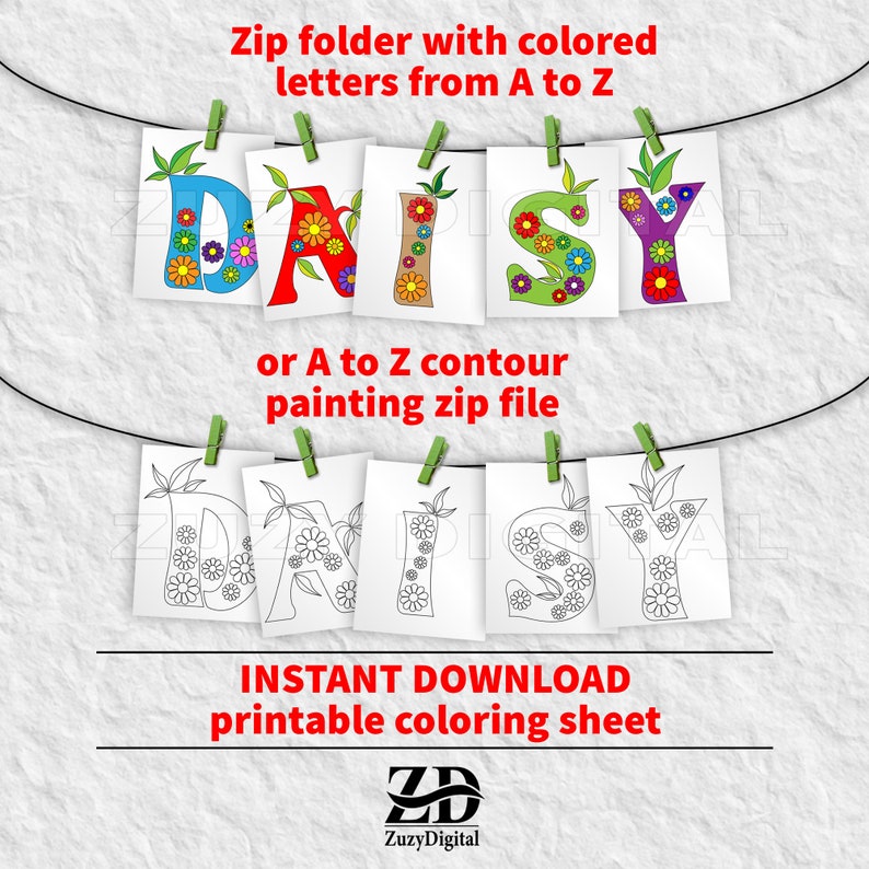 Floral Alphabet Coloring Pages A-Z: Printable Flower Letters (PDF) - Etsy