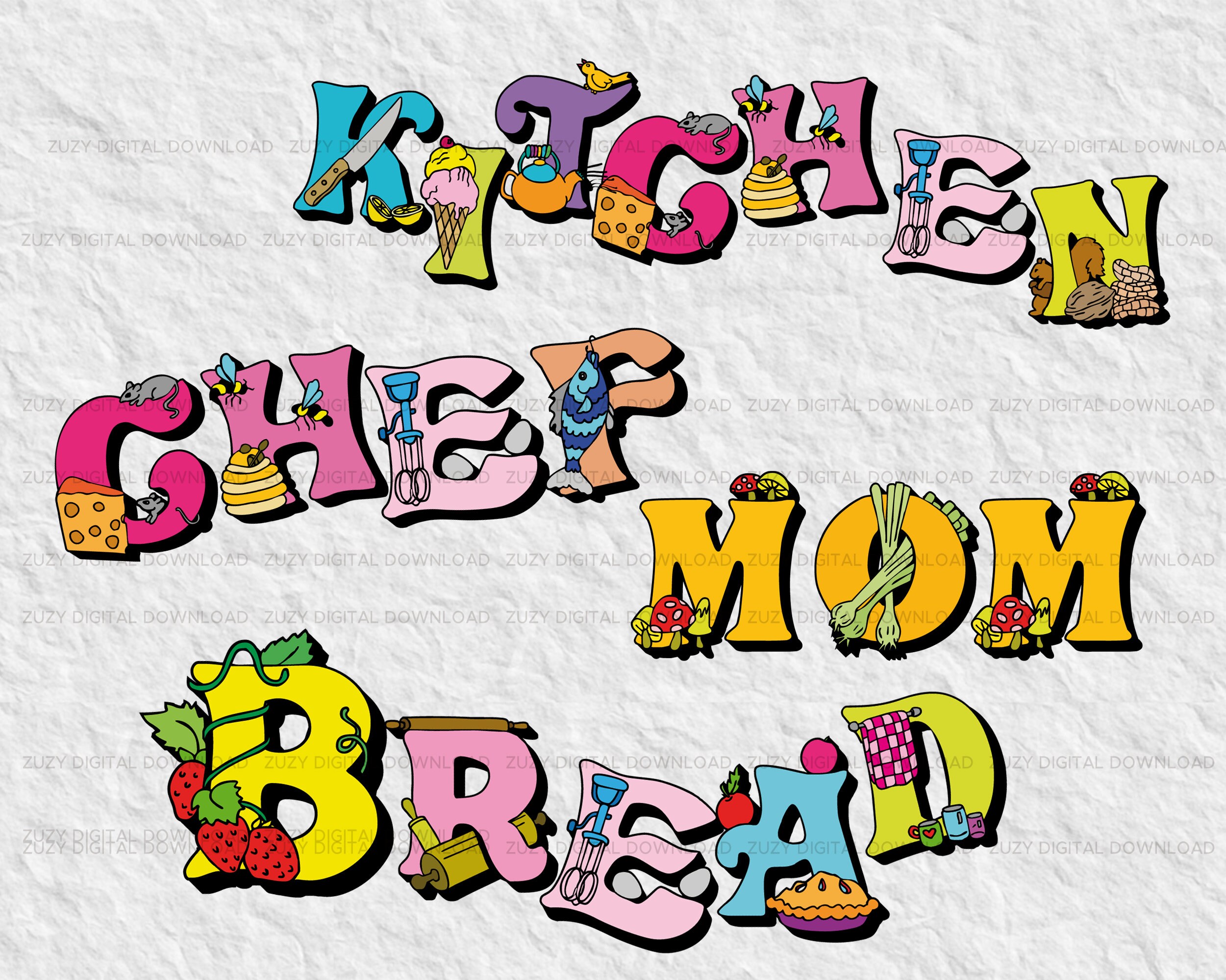 Kitchen Alphabet Clipart: Fun Food Letters PNG EPS JPG (digital ...