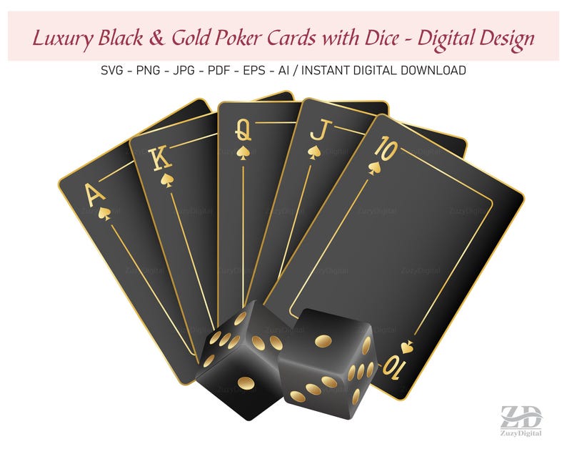 Luxury Black & Gold Poker Cards With Dice | Vintage Casino Clipart | Royal Flush SVG PNG Digital ...