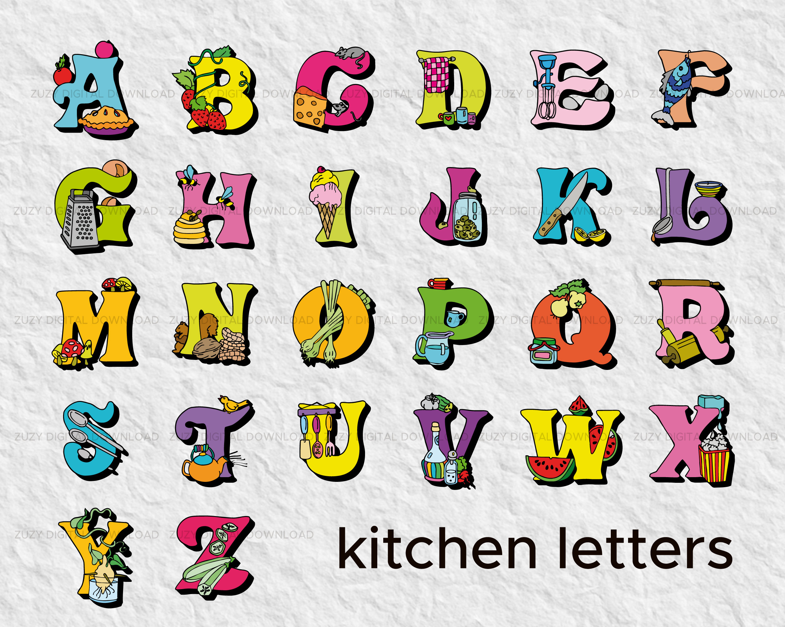 Kitchen Alphabet Clipart: Fun Food Letters PNG EPS JPG (digital ...
