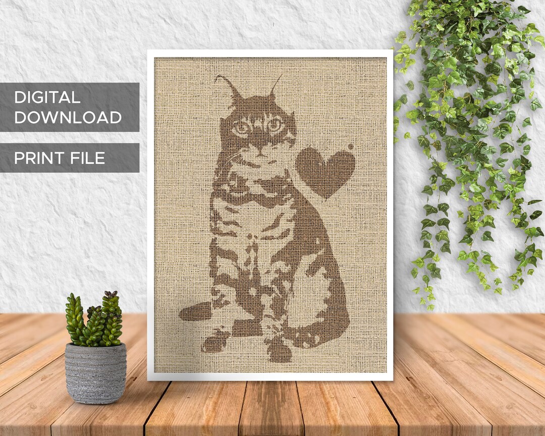 Burlap Background, Cat and Heart. Cat Download Wall Art Print -SVG ...