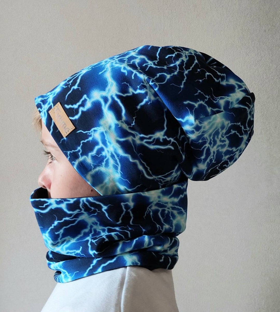 Beanie Boy and Loop Set dark Blue Lightning for Children and Adults ...