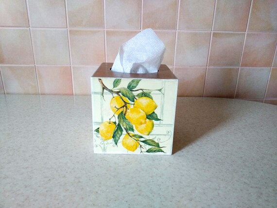 Square Wooden Tissue Box Cover for Kitchen With Lemon tissue - Etsy