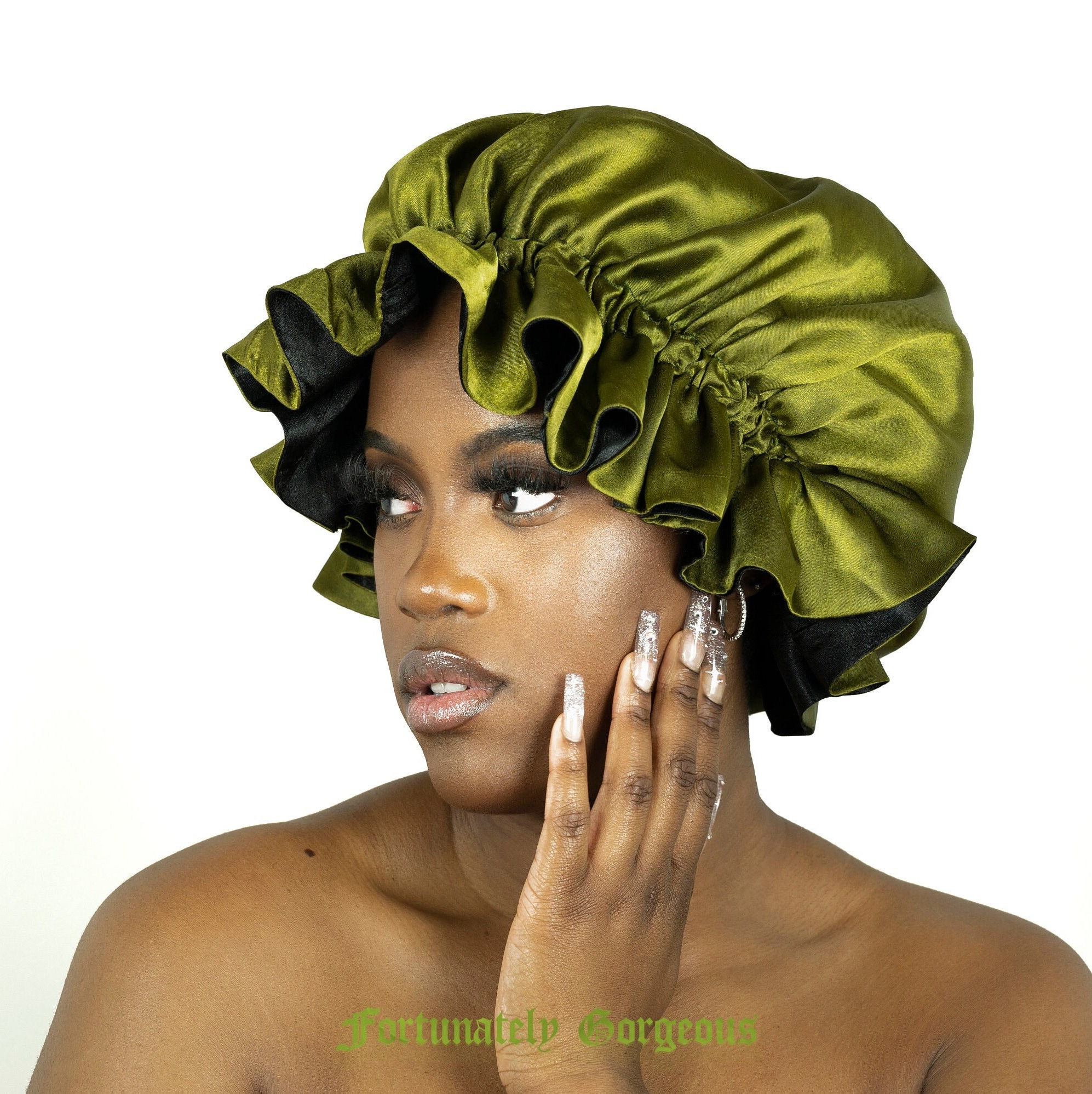 OLIVE GREEN Reversible Frilly Silk Satin Reversible Double-layered ...