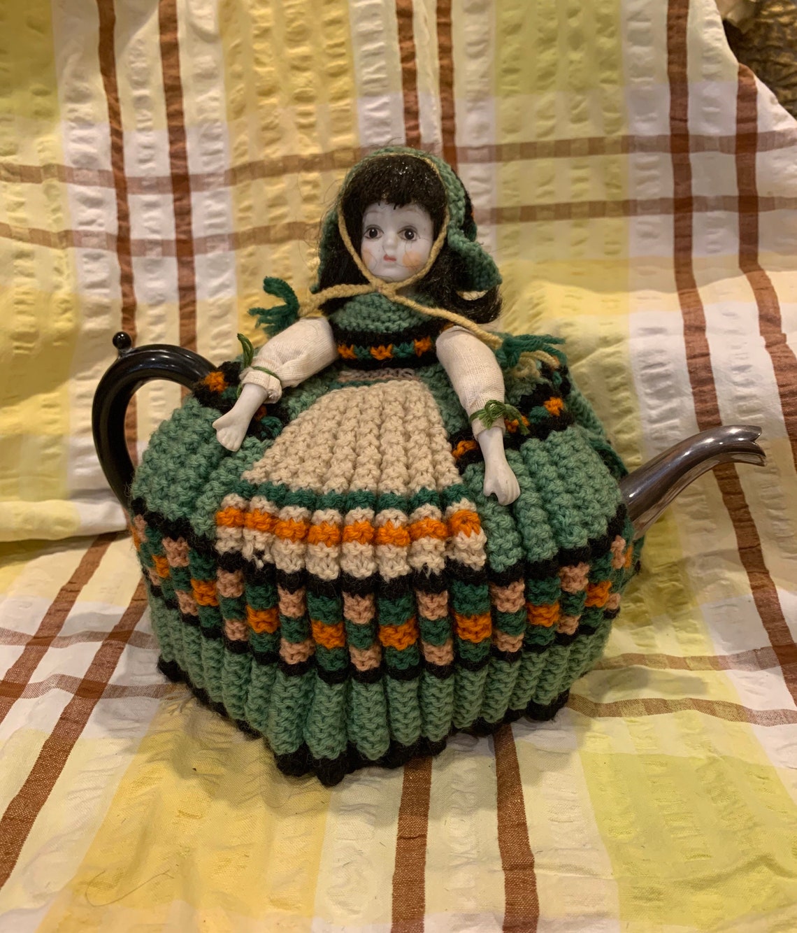 Vintage Crochet Tea Cosy With Porcelain Dolly. - Etsy