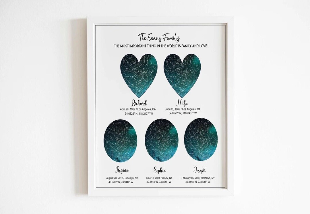Family Star Map, 5 Star Map, Star Map Custom, Night Sky Map, Gift for ...