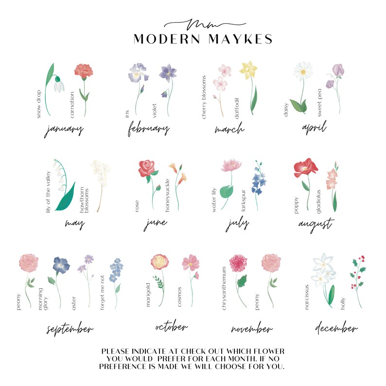 Colored Birth Flower Bouquet Custom Line Art Drawing With 1-5 Birth ...