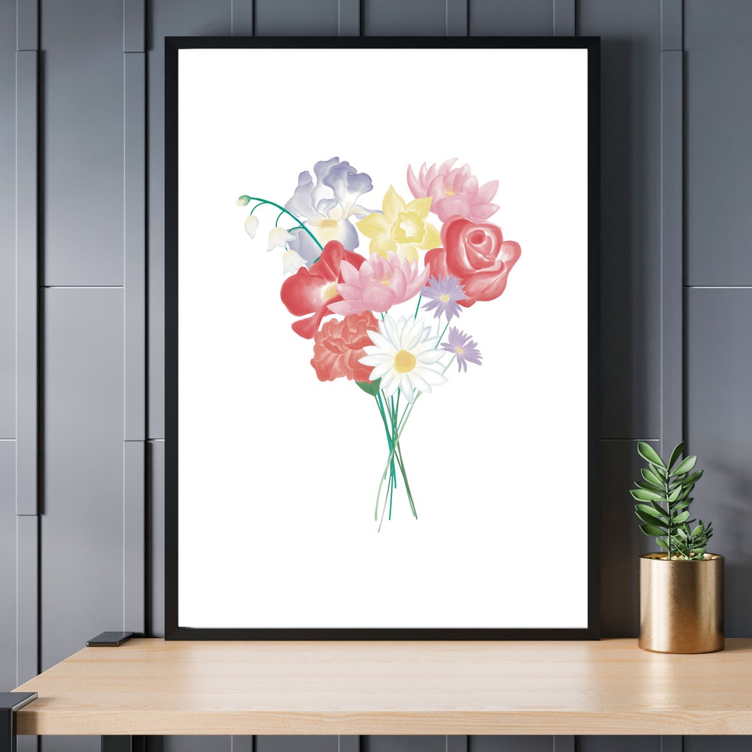 Colored Birth Flower Bouquet Custom Line Art Drawing With 10-13 Birth ...