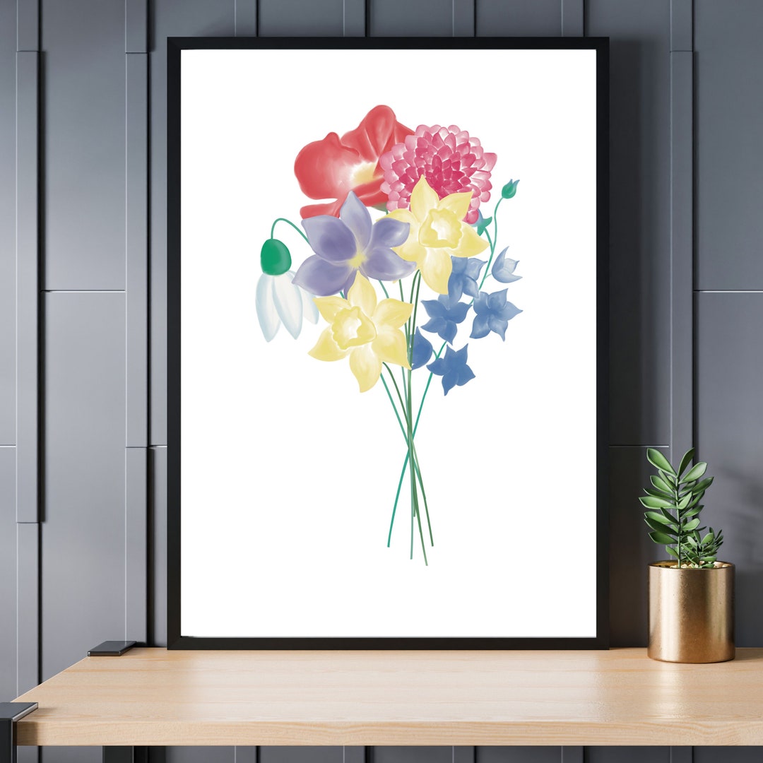 Colored Birth Flower Bouquet Custom Line Art Drawing With 6-9 Birth ...