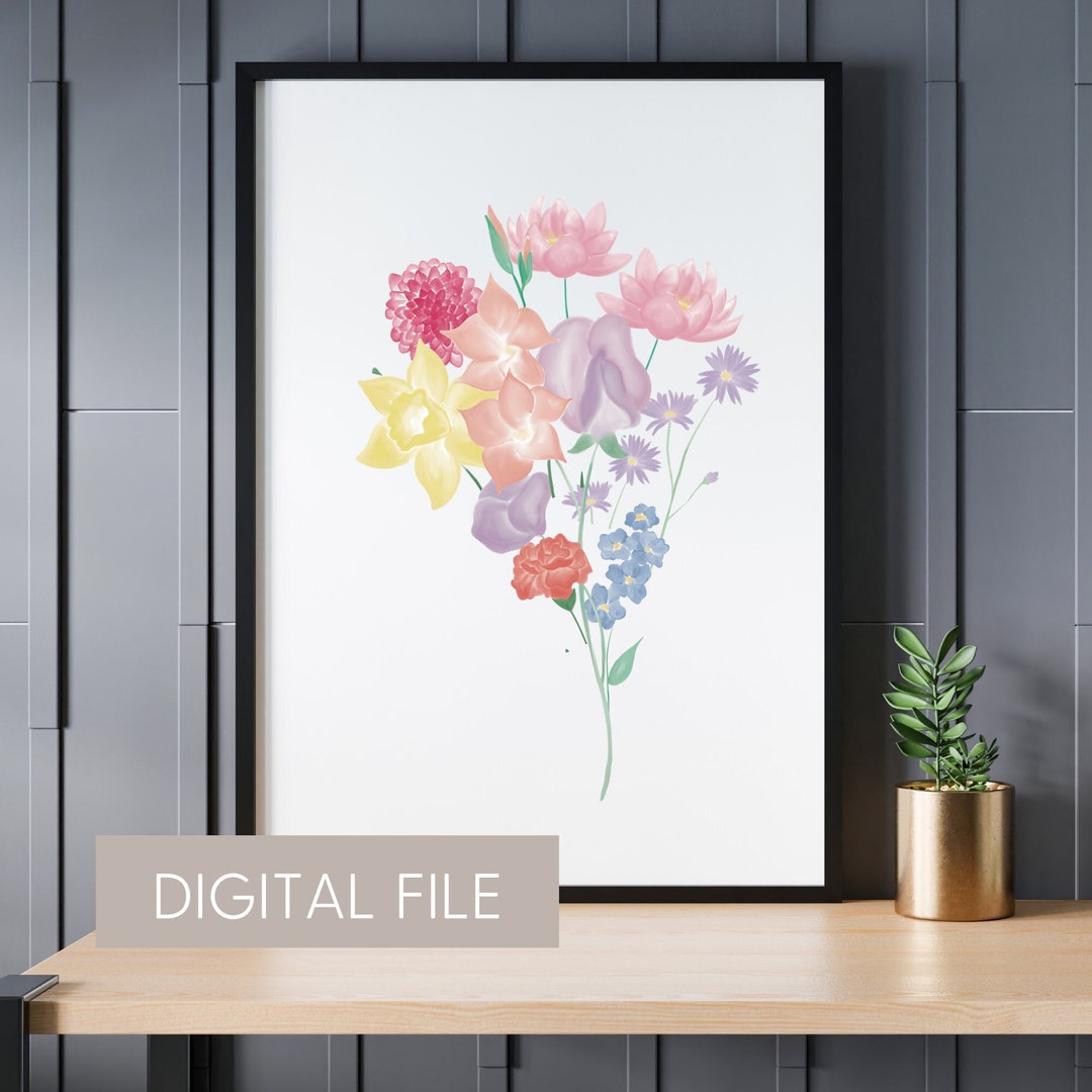 Colored Birth Flower Bouquet Custom Line Art Drawing With - Etsy