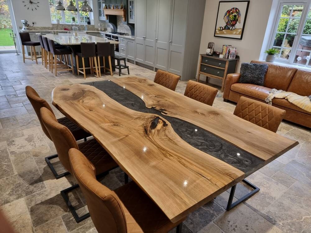 Live Edge Bespoke Resin Dining Table Made of Walnut and Oak. Steel Base ...