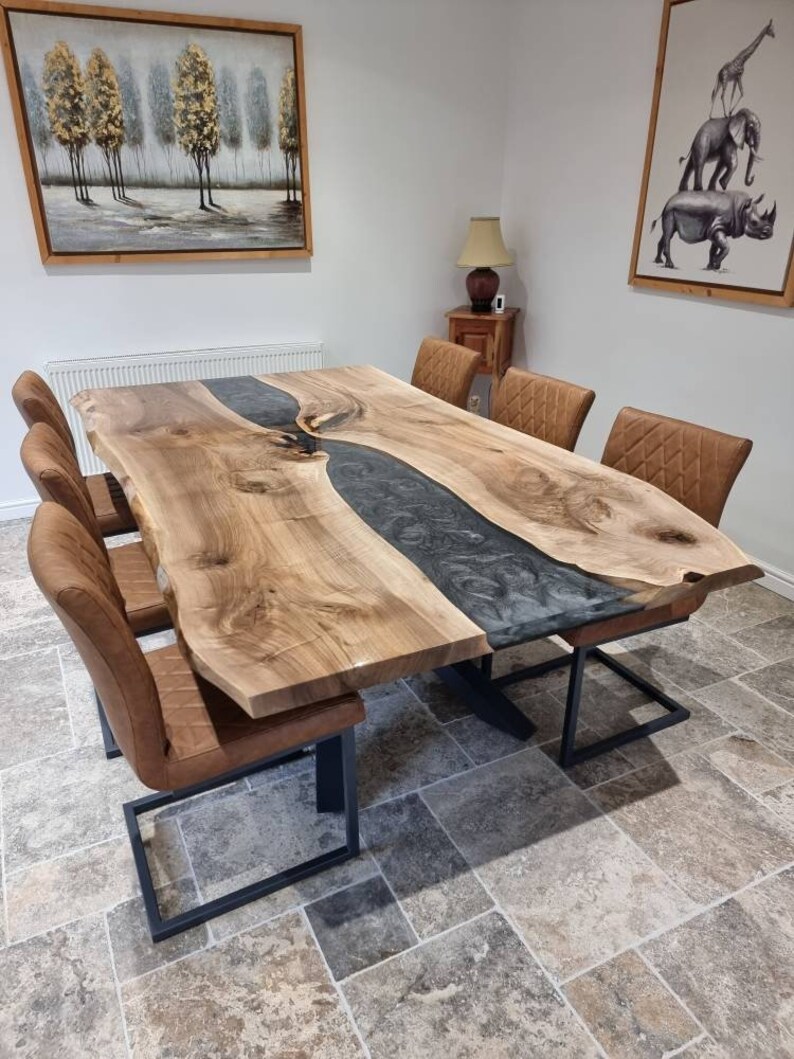 Live Edge Bespoke Resin Dining Table Made of Walnut and Oak. Steel Base ...