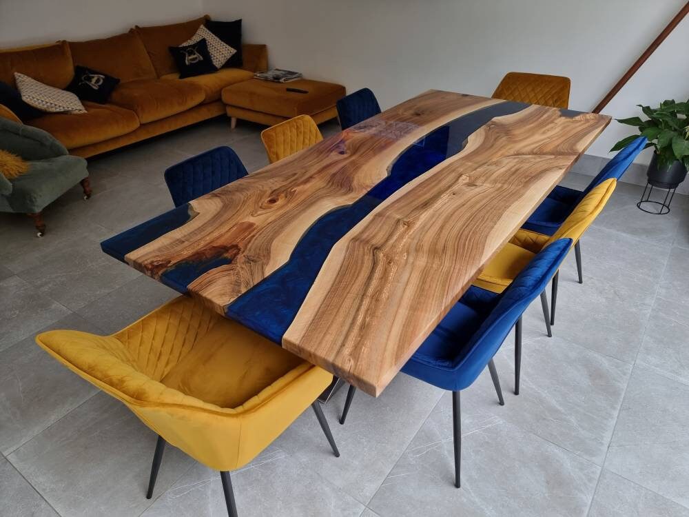 Live Edge Bespoke Resin Dining Table Made of Walnut and Oak. Steel Base ...