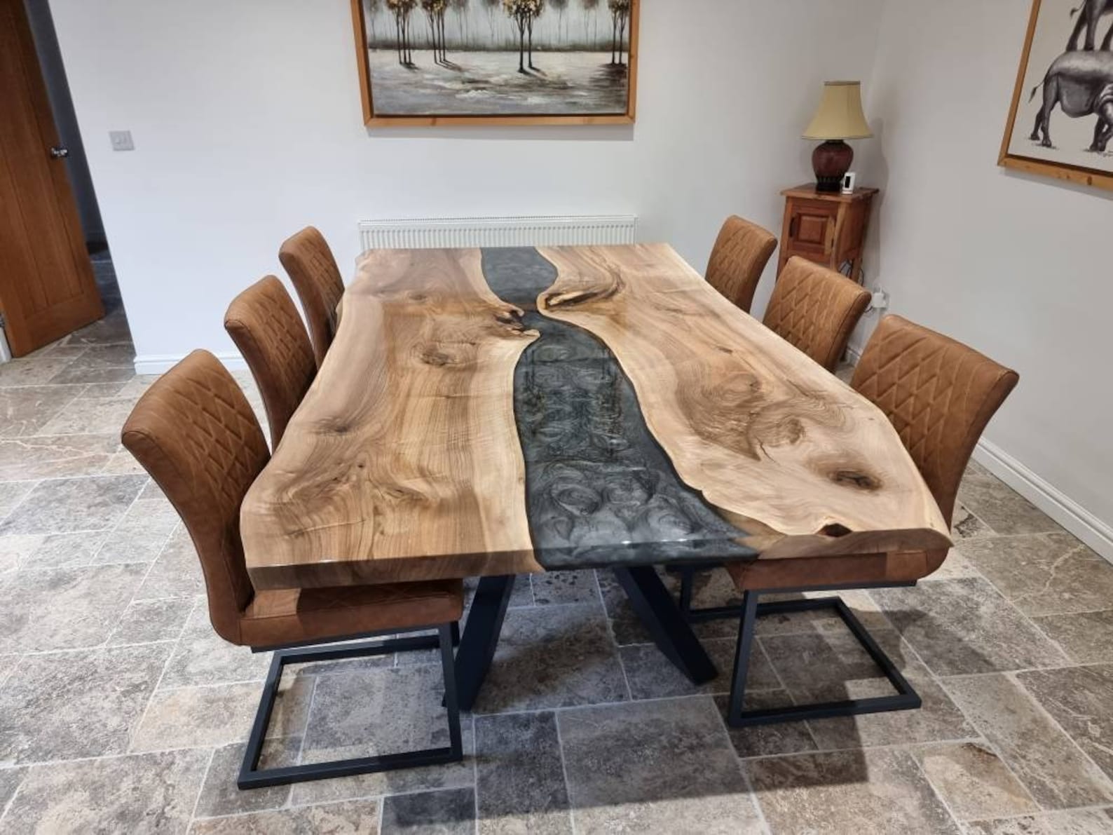 Live Edge Bespoke Resin Dining Table Made of Walnut and Oak. Steel Base ...