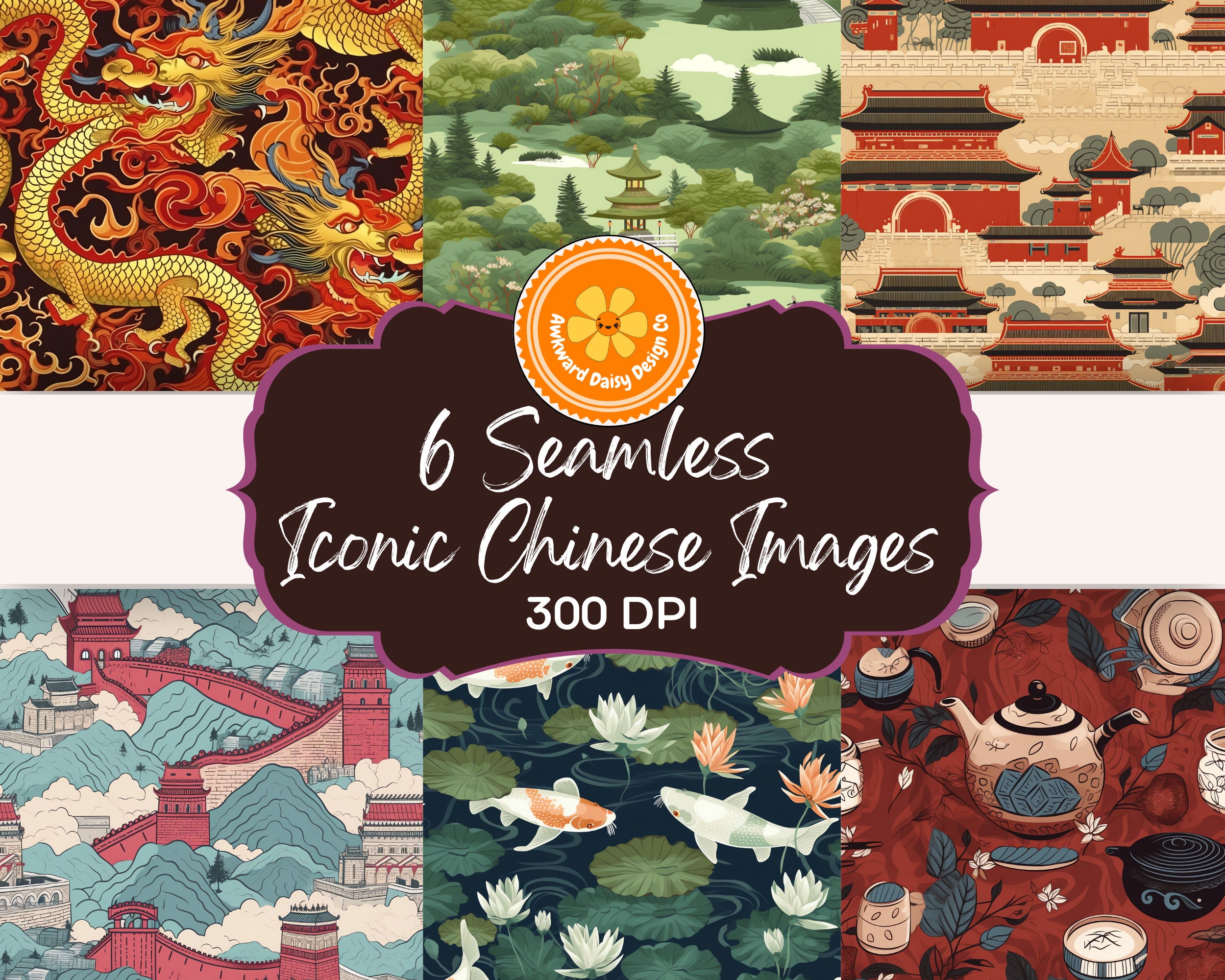 6 Iconic Chinese Images Seamless Digital Papers, Pattern, Scrapbook ...