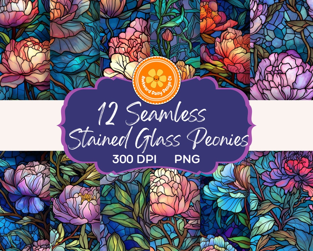 12 Stained Glass Peonies Seamless Digital Papers, Patterns, Scrapbook ...