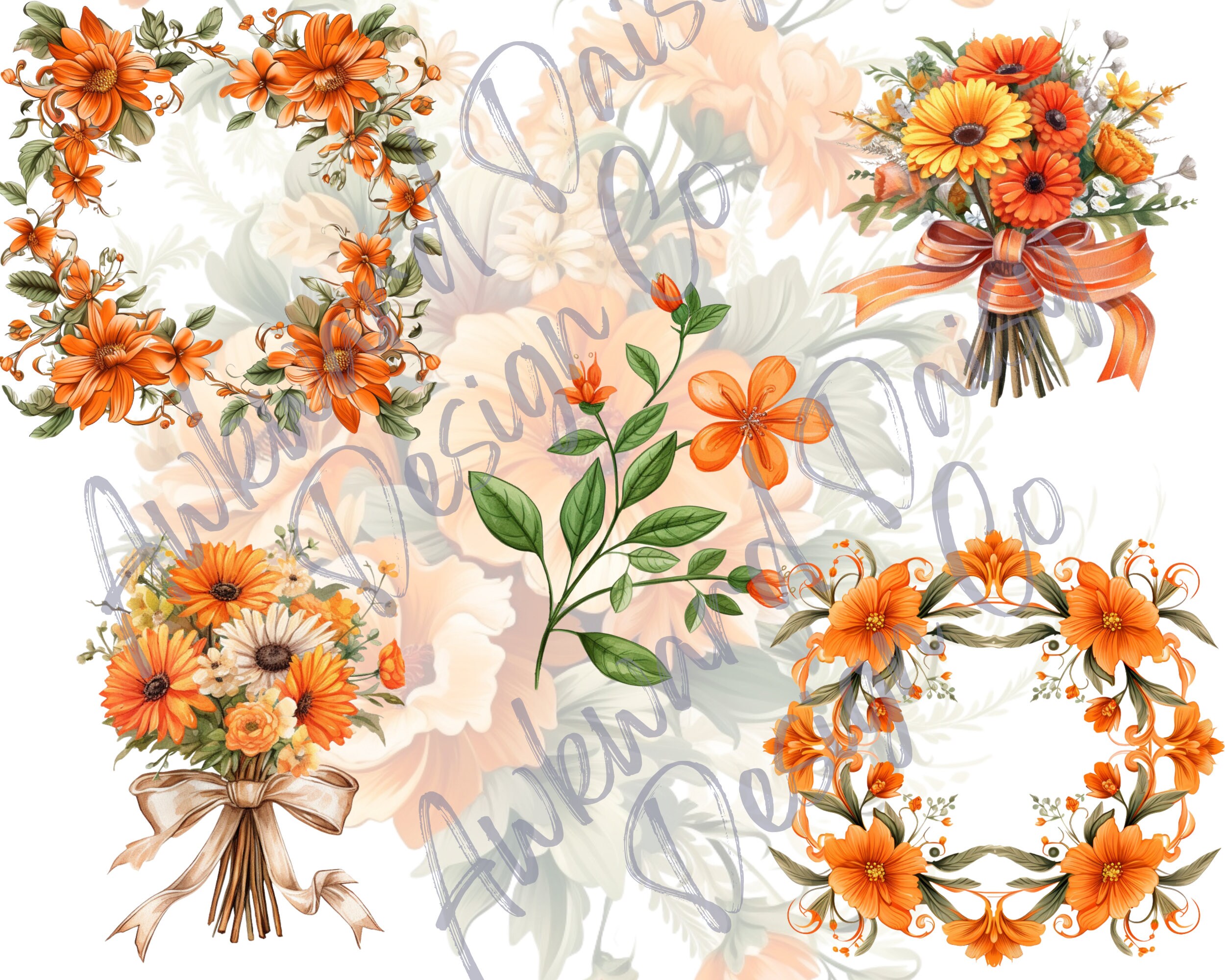 22 Boho Orange Flower Clipart, Frames Wreaths Scrapebook, Transparent ...