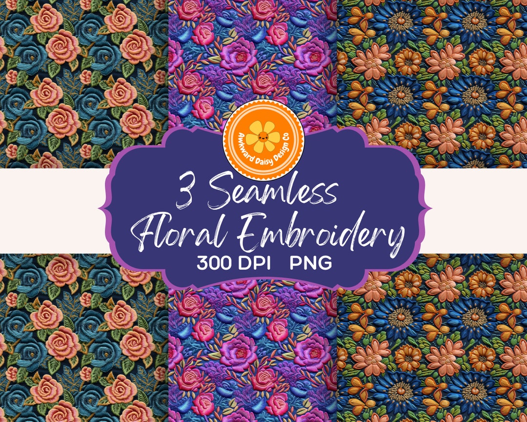 3 Floral Embroidery Seamless Digital Papers, Patterns, Scrapbook Paper ...