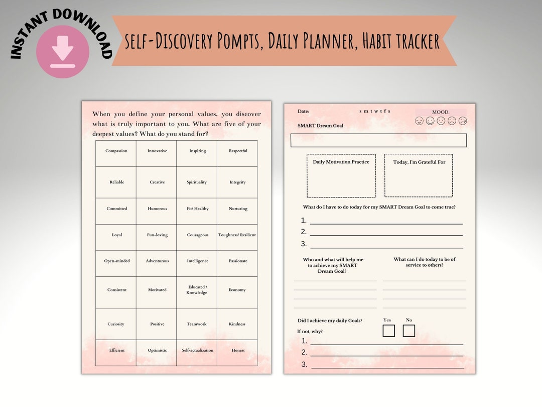 Self Discovery Prompts, Self- Discipline Workbook, Daily Planner, SMART ...