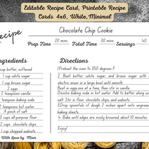 Editable Recipe Card, Printable Recipe Cards 4x6, Vintage and White ...