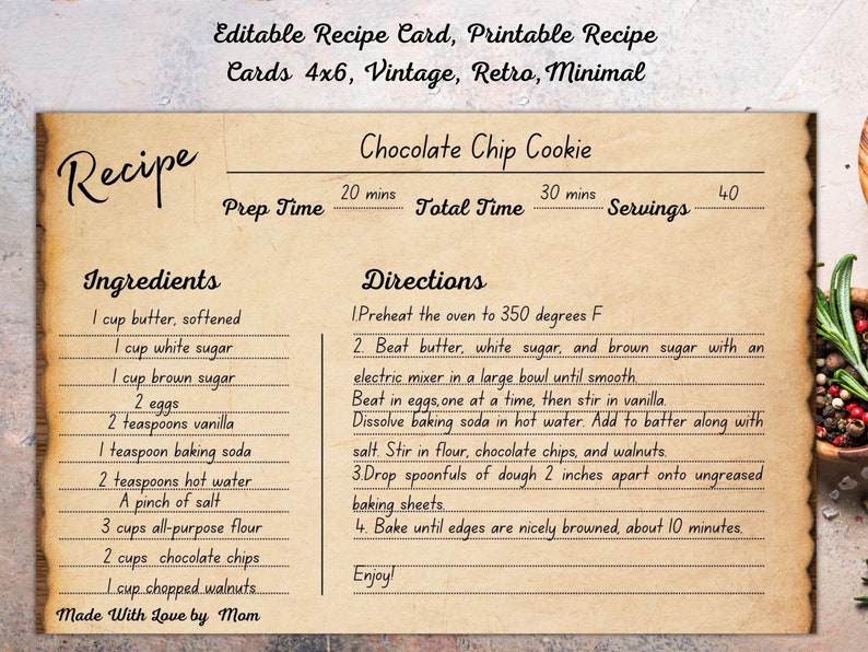 Editable Recipe Card, Printable Recipe Cards 4x6, Vintage and White ...