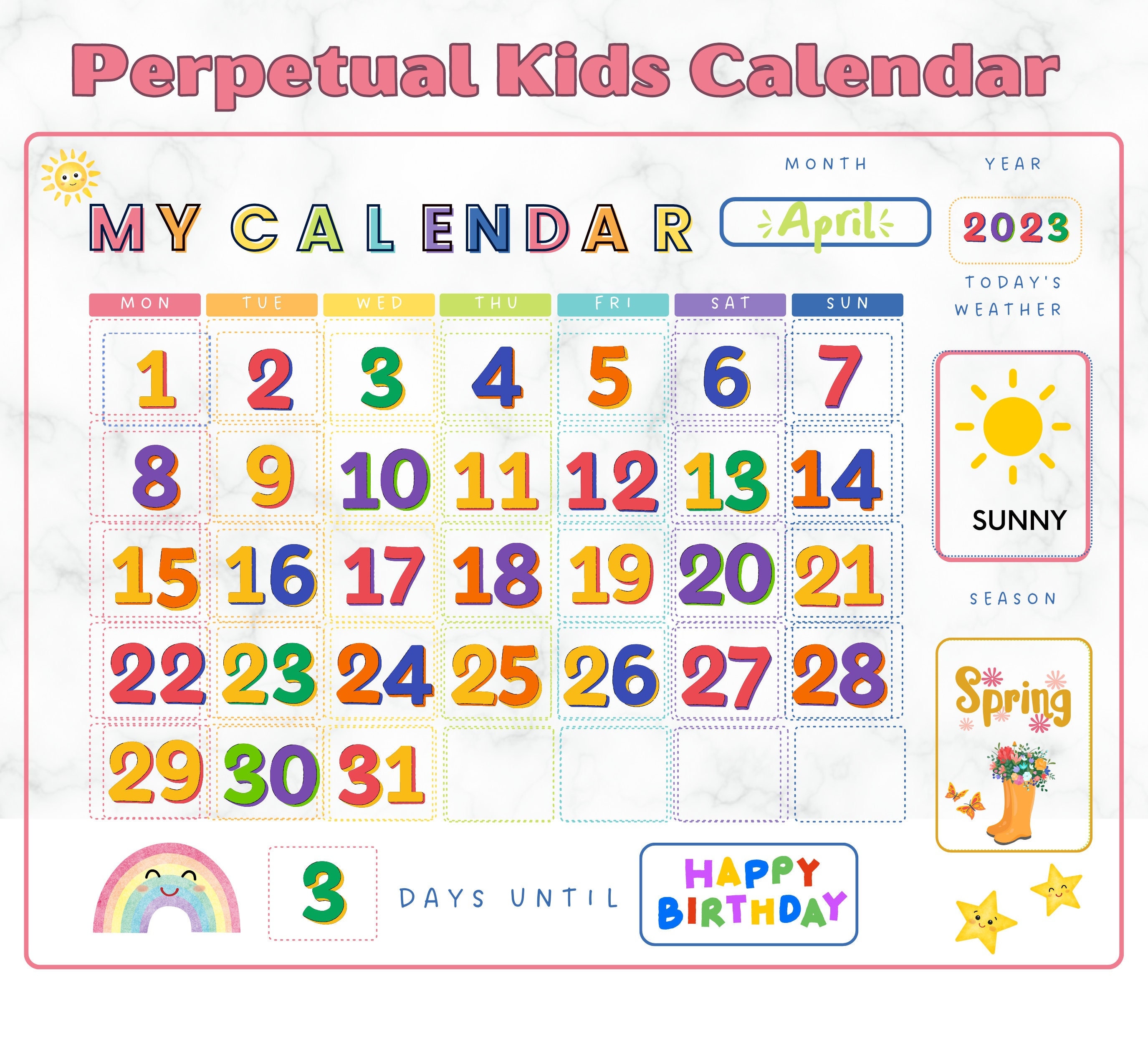 Daily Calendar Kids, Perpetual Kids Calendar, Calendar Kids, Months of ...