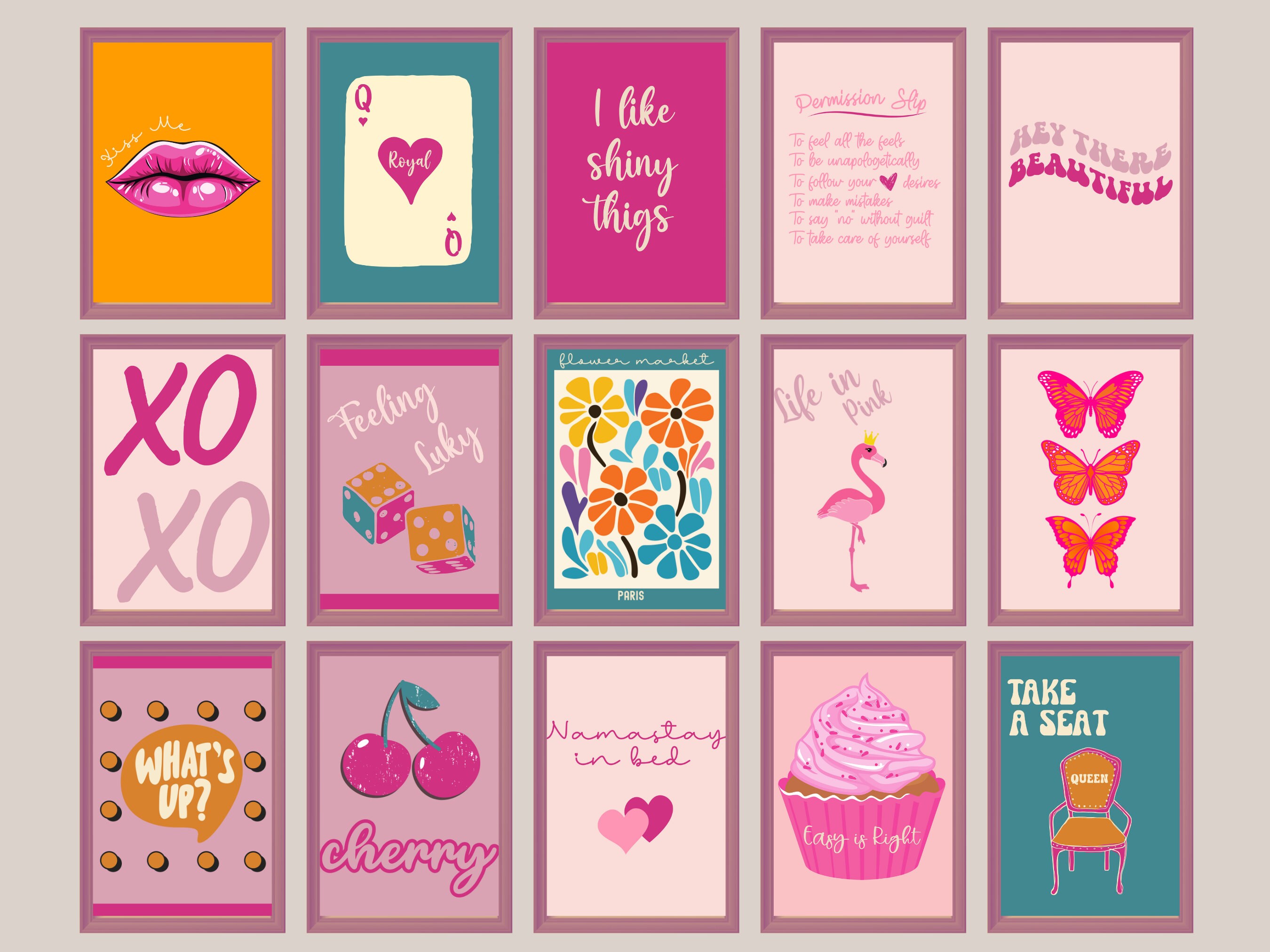 Coquette Room Decor Preppy Wall Art Set of 20 Pink Orange Gallery Wall Set Prints, Retro Wall ...