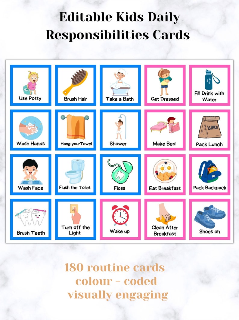 Editable Kids Daily Responsibilities Cards and Chart, Printable Routine ...