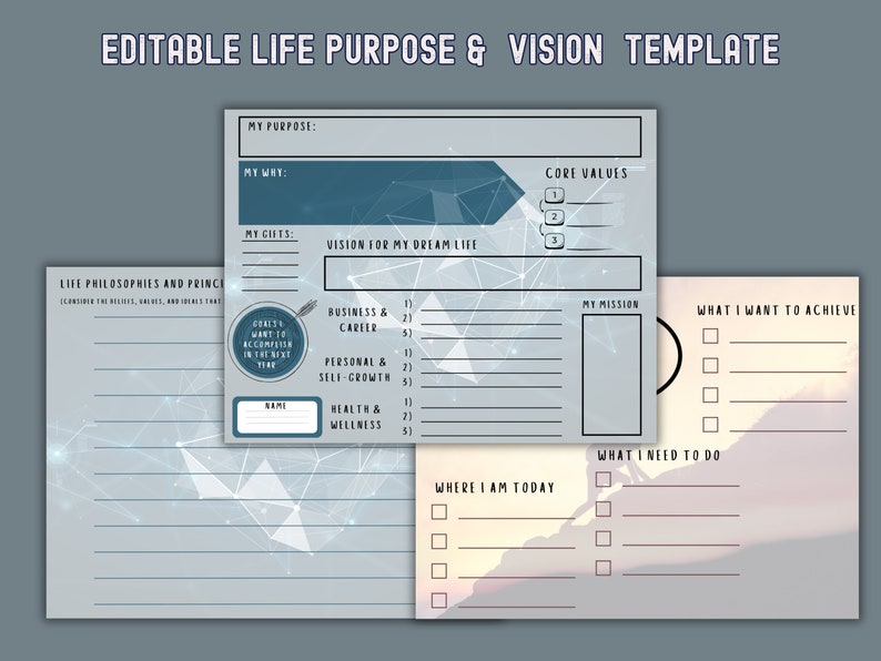 Editable Life Planner Vision Template, Life Purpose Chart, Life Vision ...