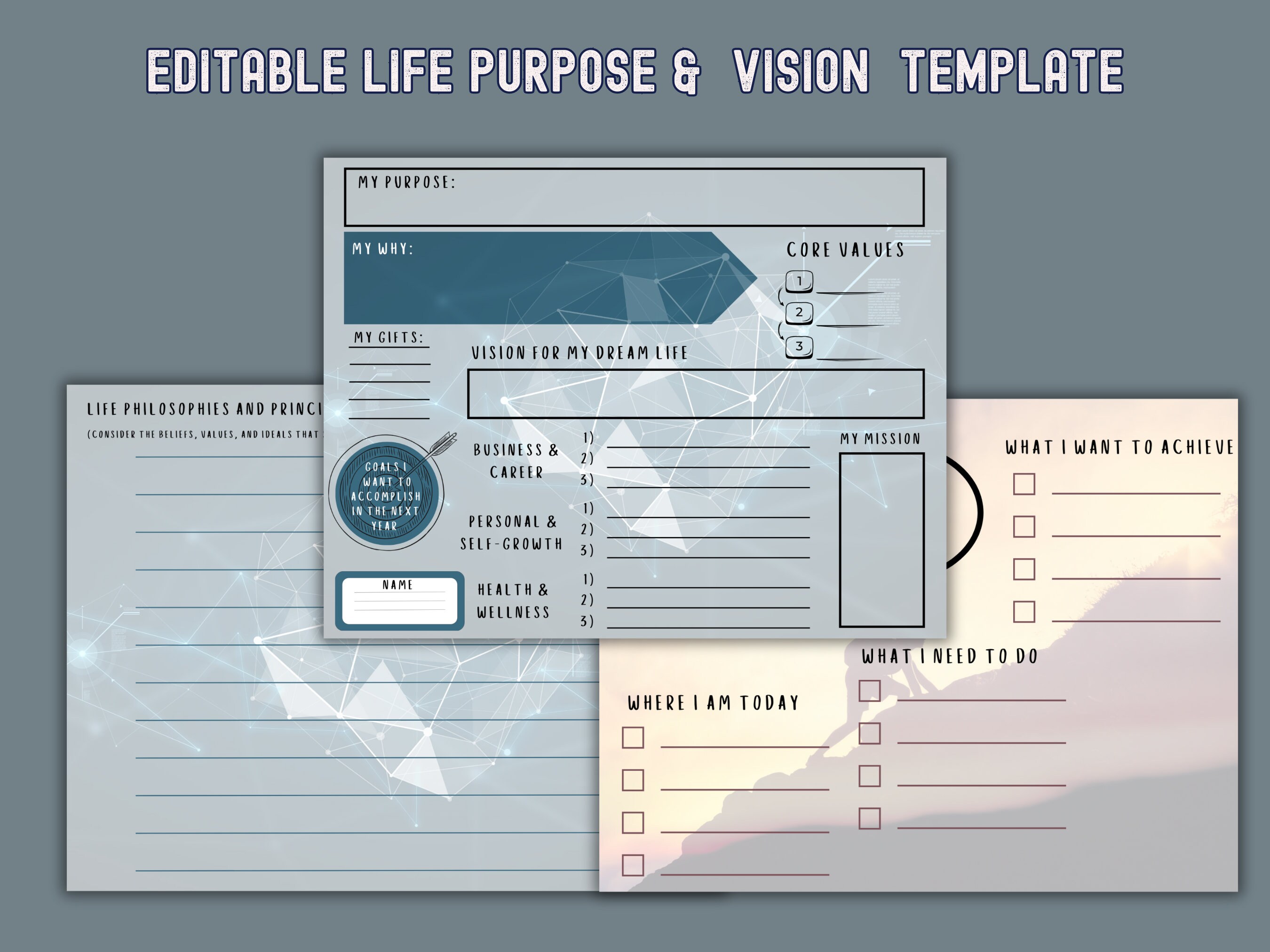 Editable Life Planner Vision Template, Life Purpose Chart, Life Vision ...