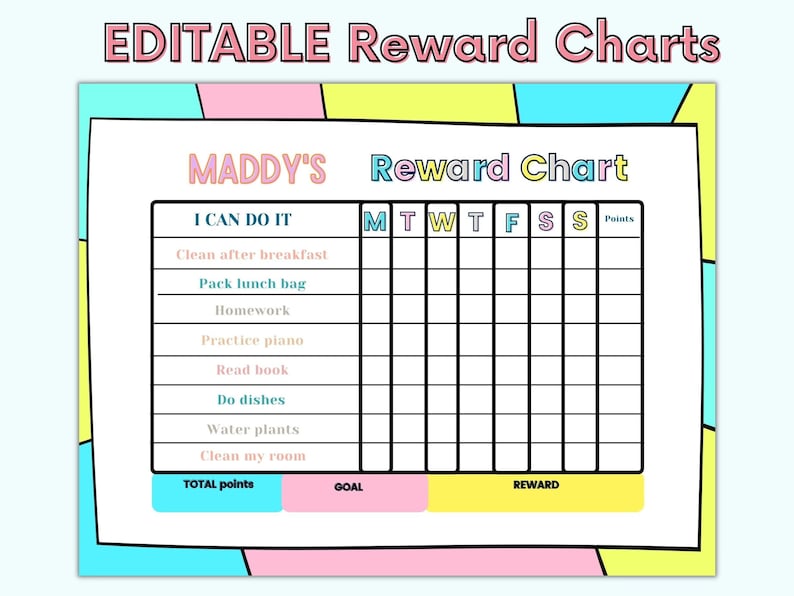 Reward Chart, Chart Printable, 12 EDITABLE Behavior Charts, Daily Chore ...