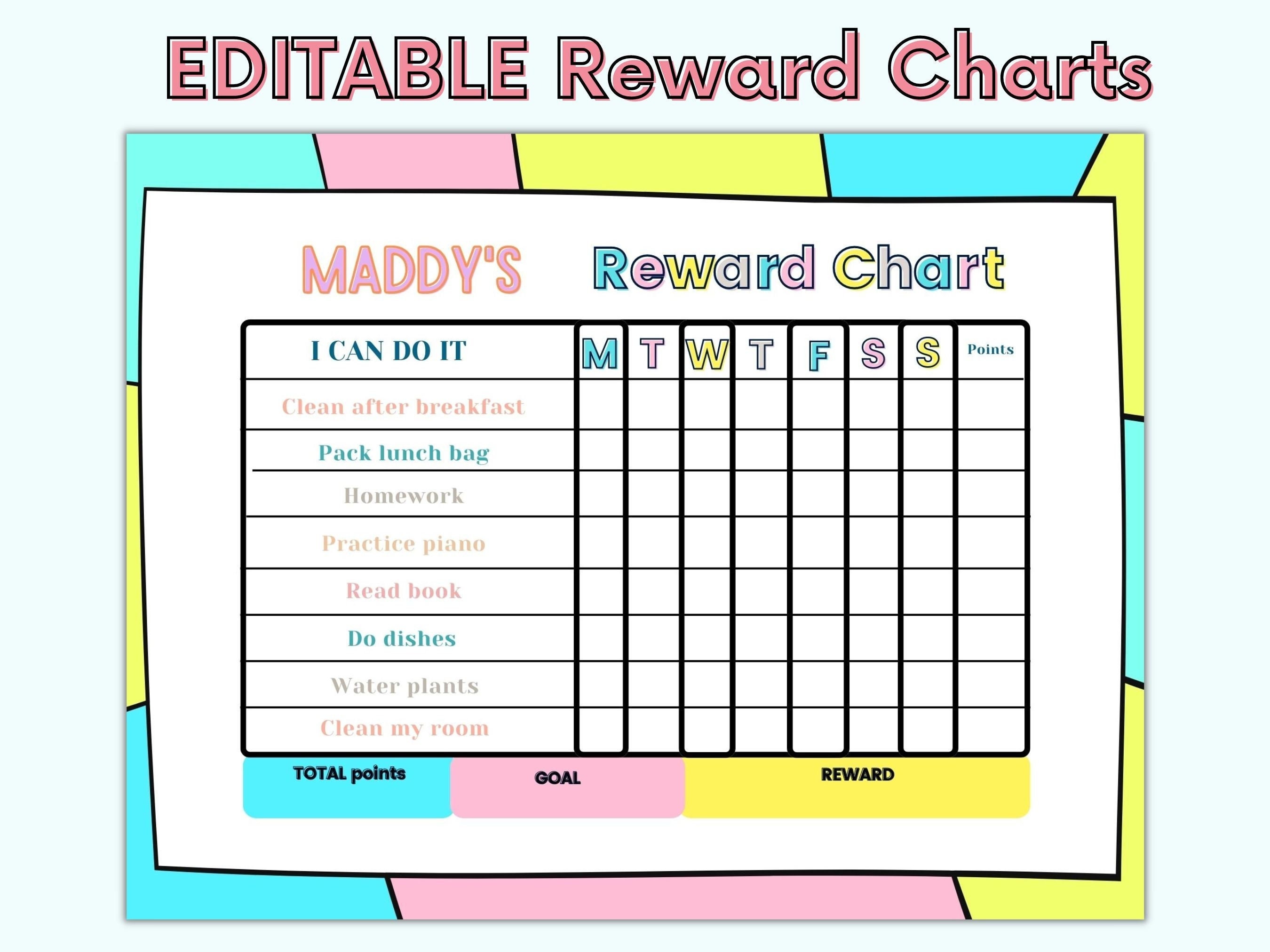Reward Chart, Chart Printable, 12 EDITABLE Behavior Charts, Daily Chore ...