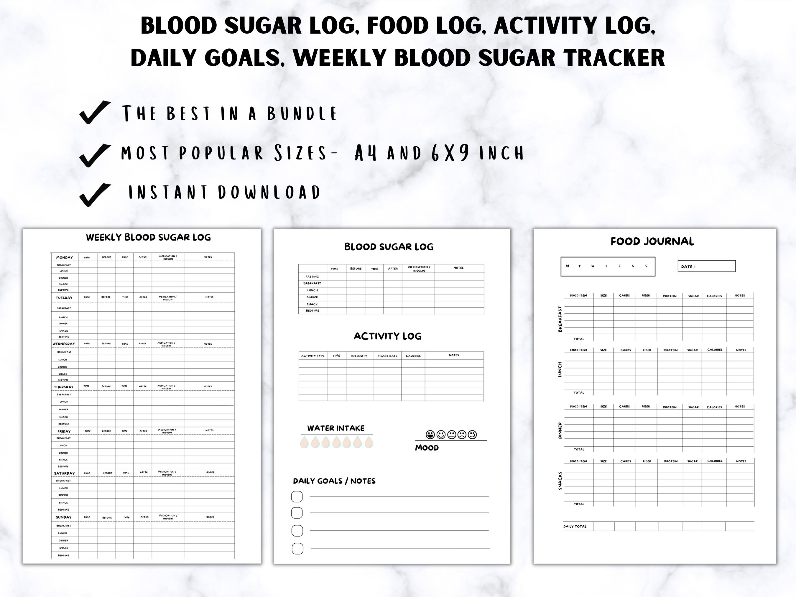 Blood Sugar Log Book, Blood Glucose Tracker Bundle, Food Log, Activity ...
