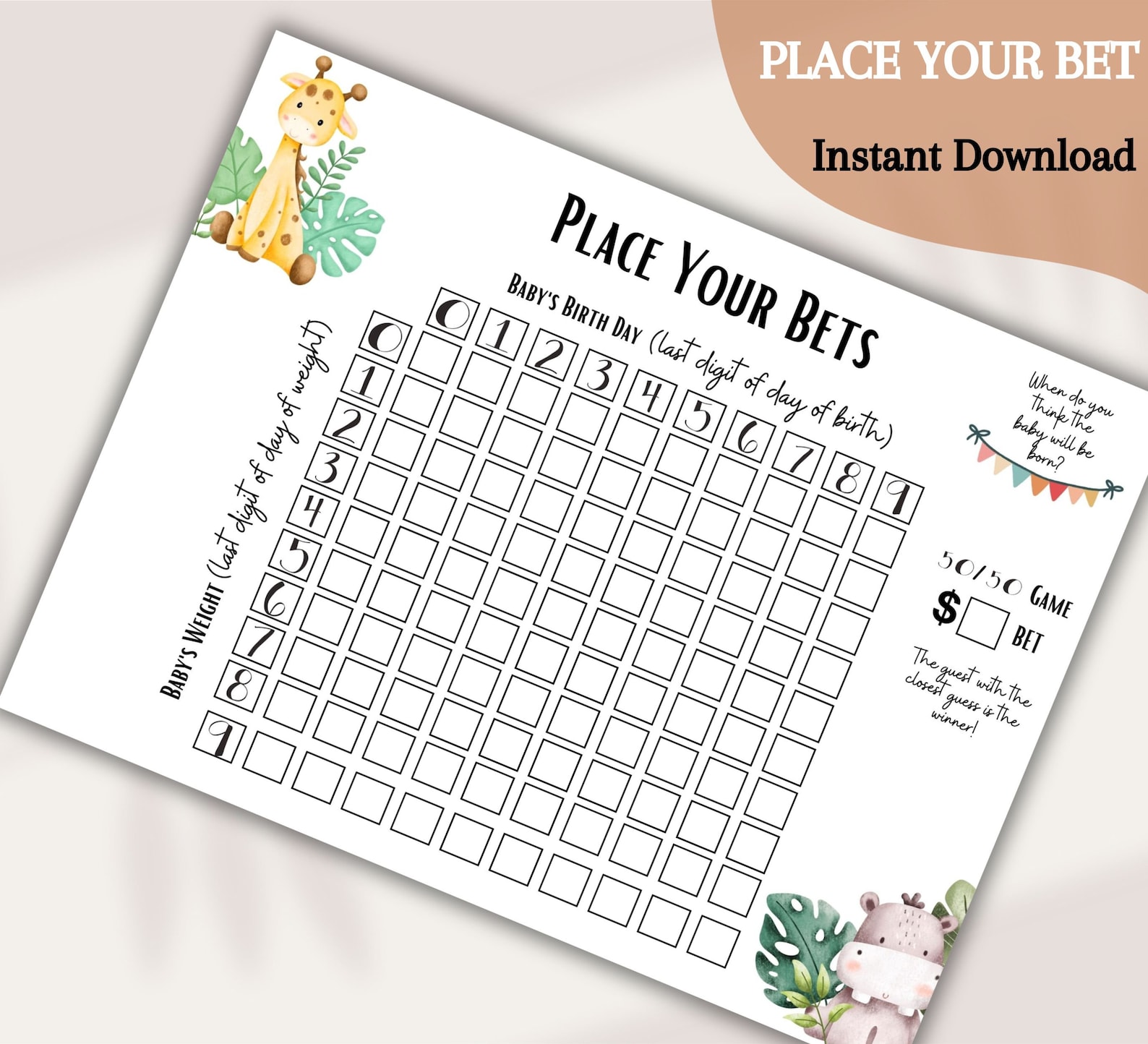 Guess Baby's Birth Date Calendar, Baby Prediction, 50/50 Game Baby ...