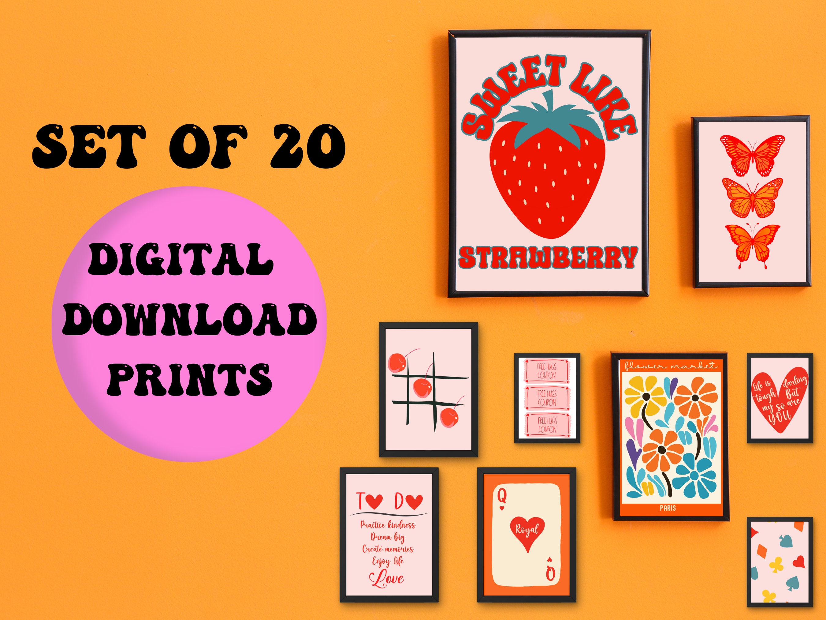 Trendy Retro Coquette Room Decor Preppy Wall Art Set of 20 Red Orange ...