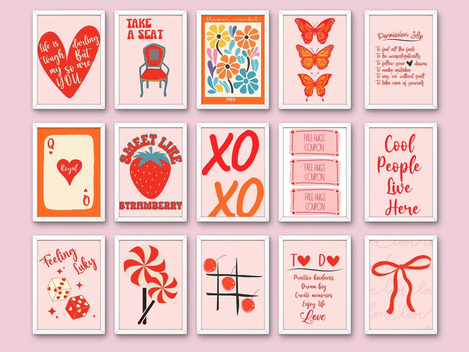Trendy Retro Coquette Room Decor Preppy Wall Art Set of 20 Red Orange ...
