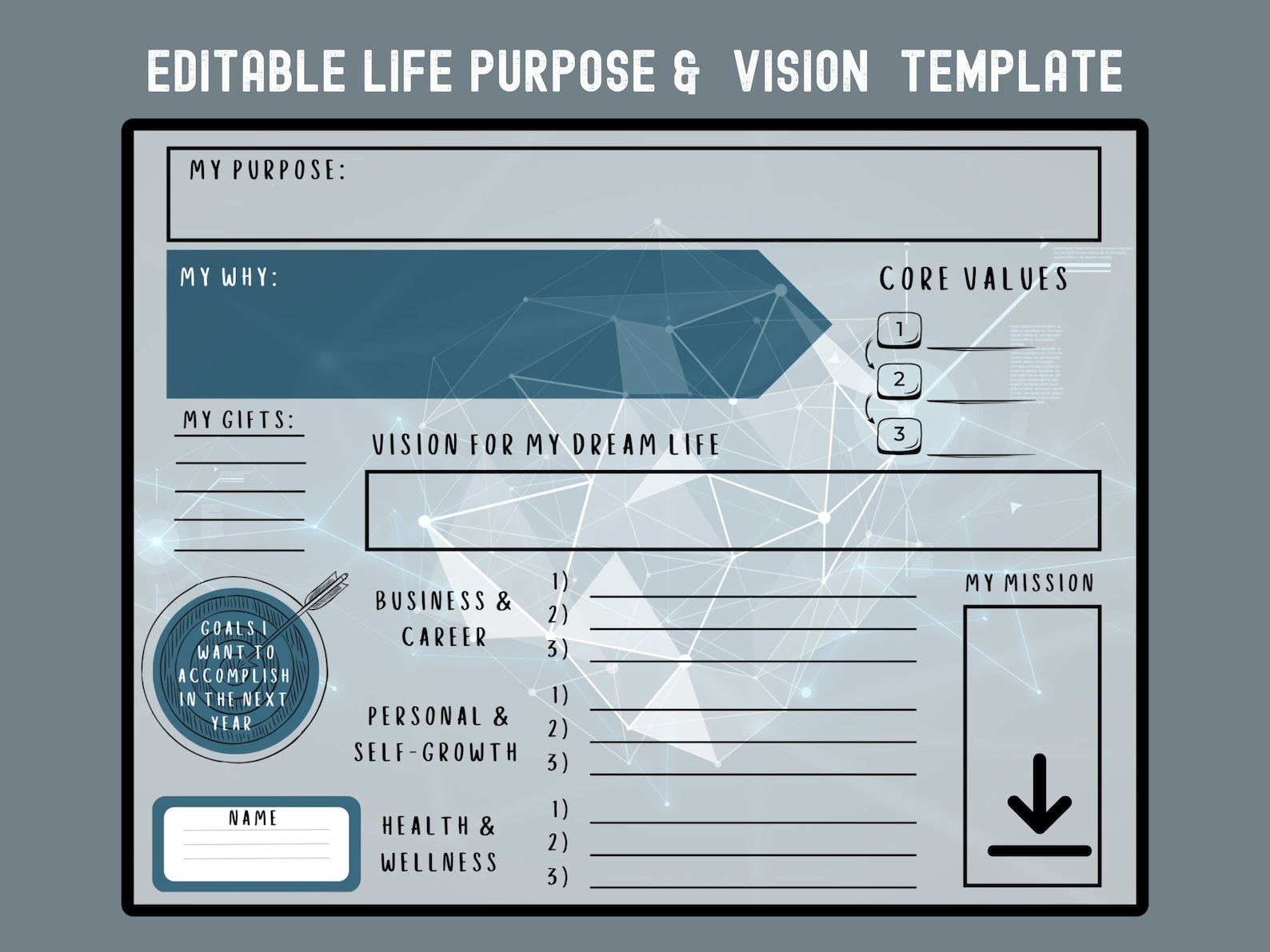 Editable Life Planner Vision Template, Life Purpose Chart, Life Vision ...