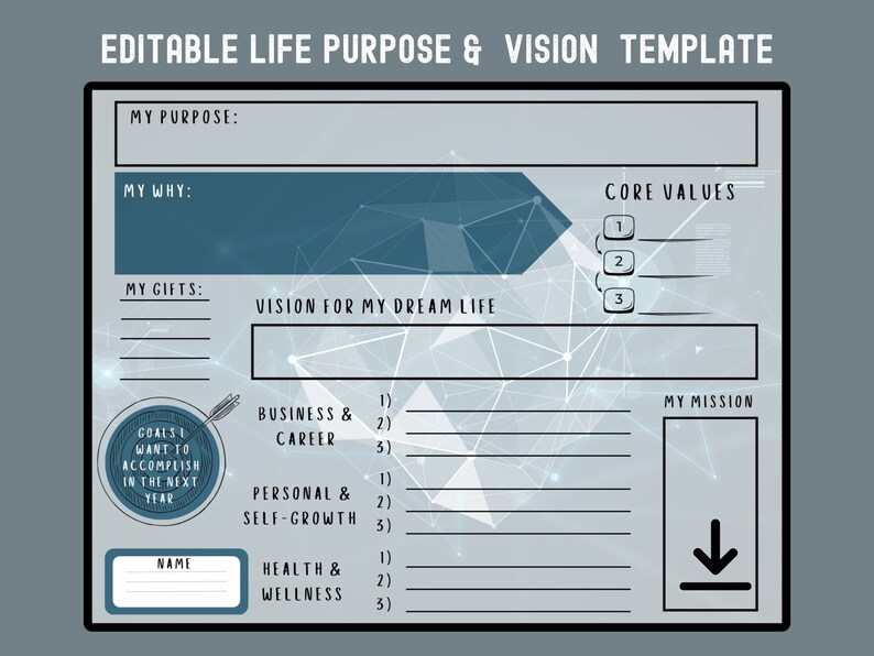 Editable Life Planner Vision Template, Life Purpose Chart, Life Vision ...