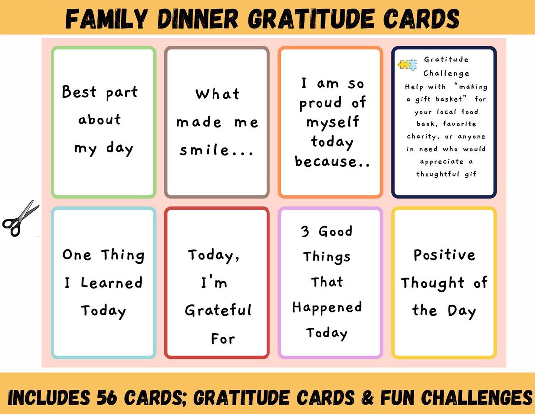 Family Dinner Gratitude Cards, Family Conversation Cards for Kids About ...
