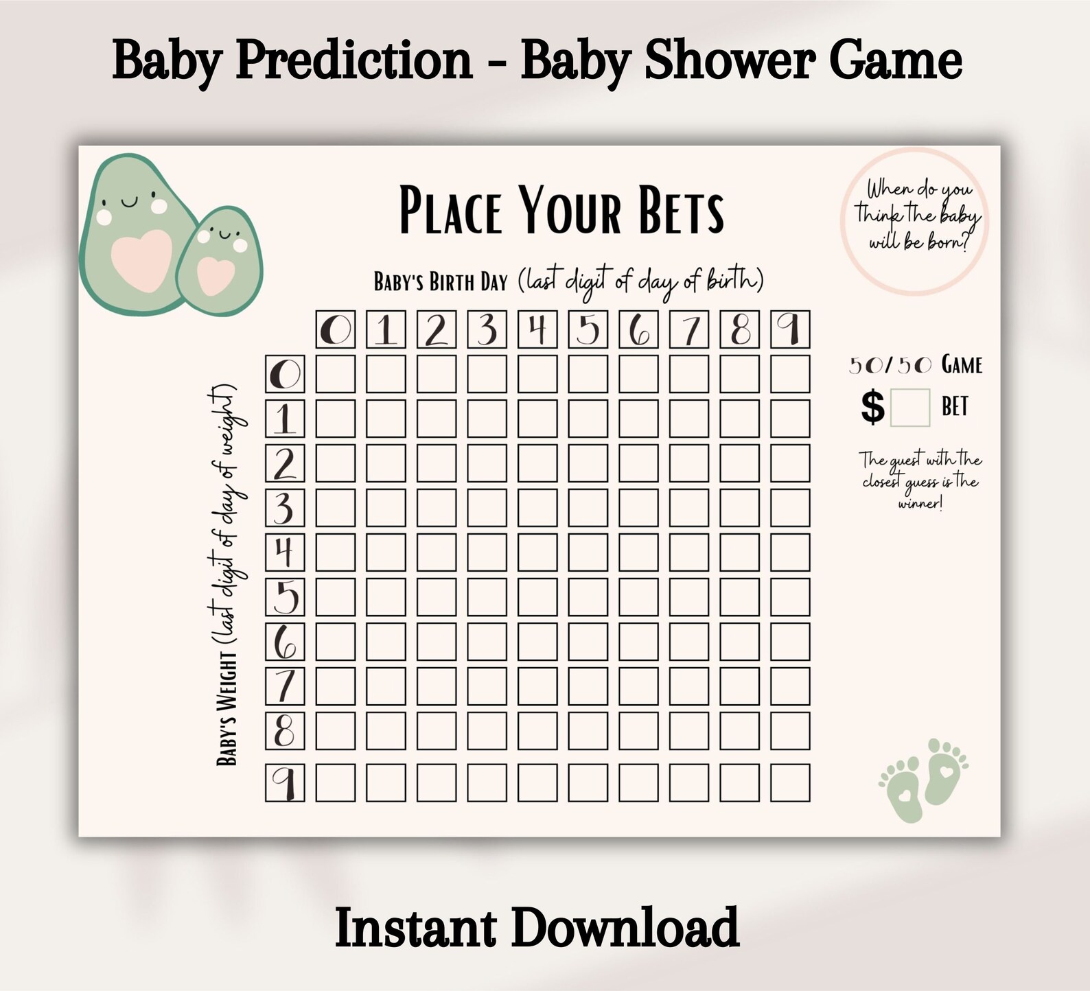 Guess Baby's Birth Date Calendar, Baby Prediction, 50/50 Game Baby ...