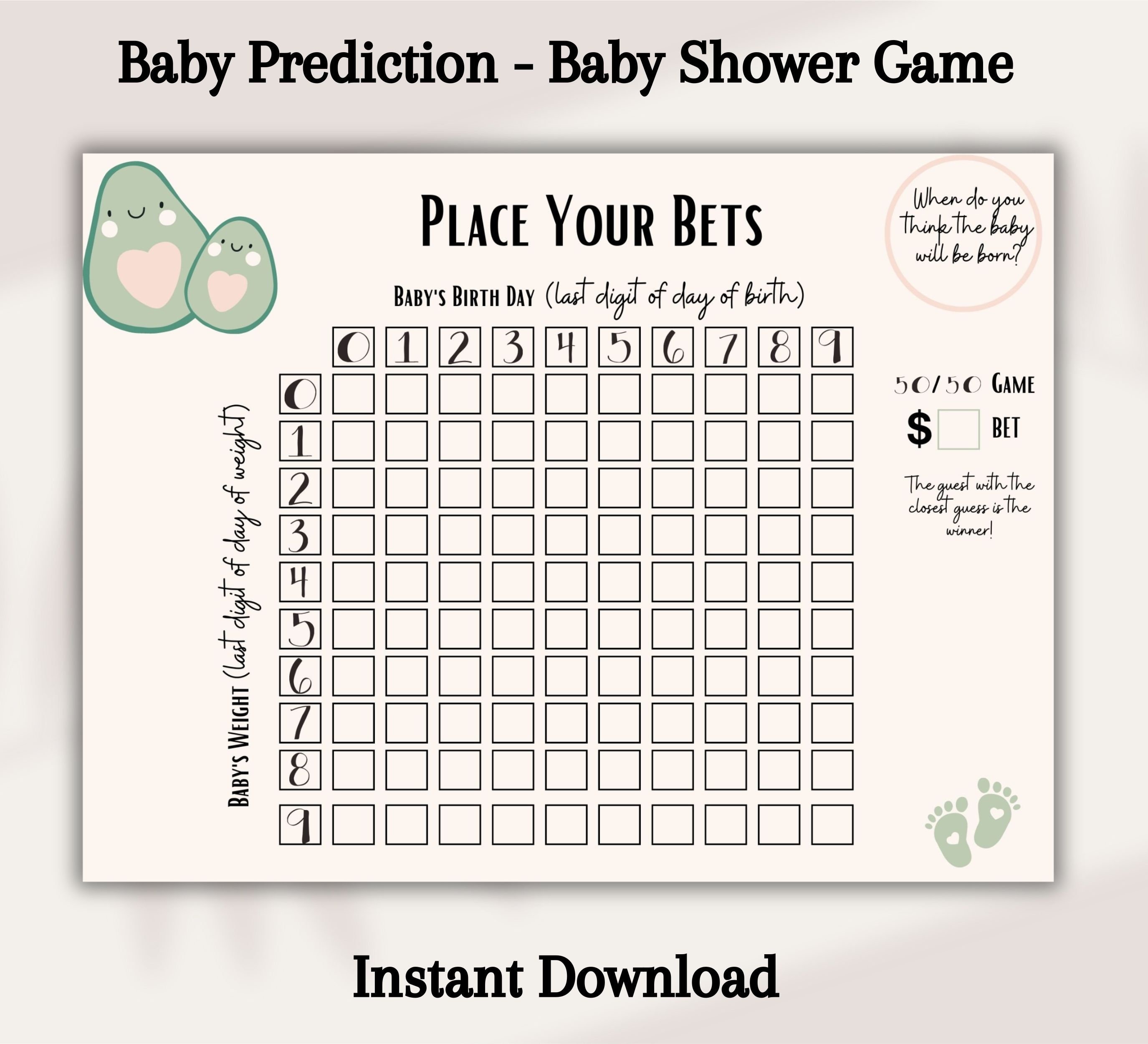Guess Baby's Birth Date Calendar, Baby Prediction, 50/50 Game Baby ...