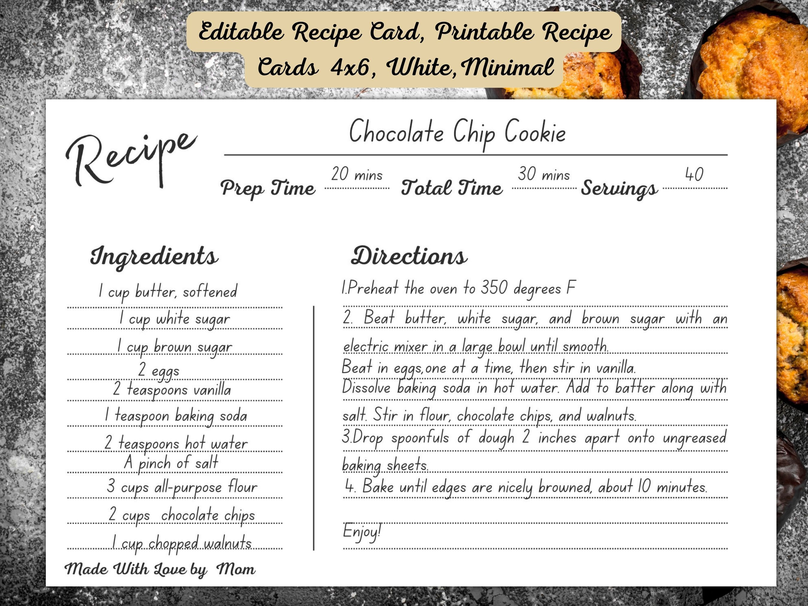 Editable Recipe Card, Printable Recipe Cards 4x6, Vintage and White ...
