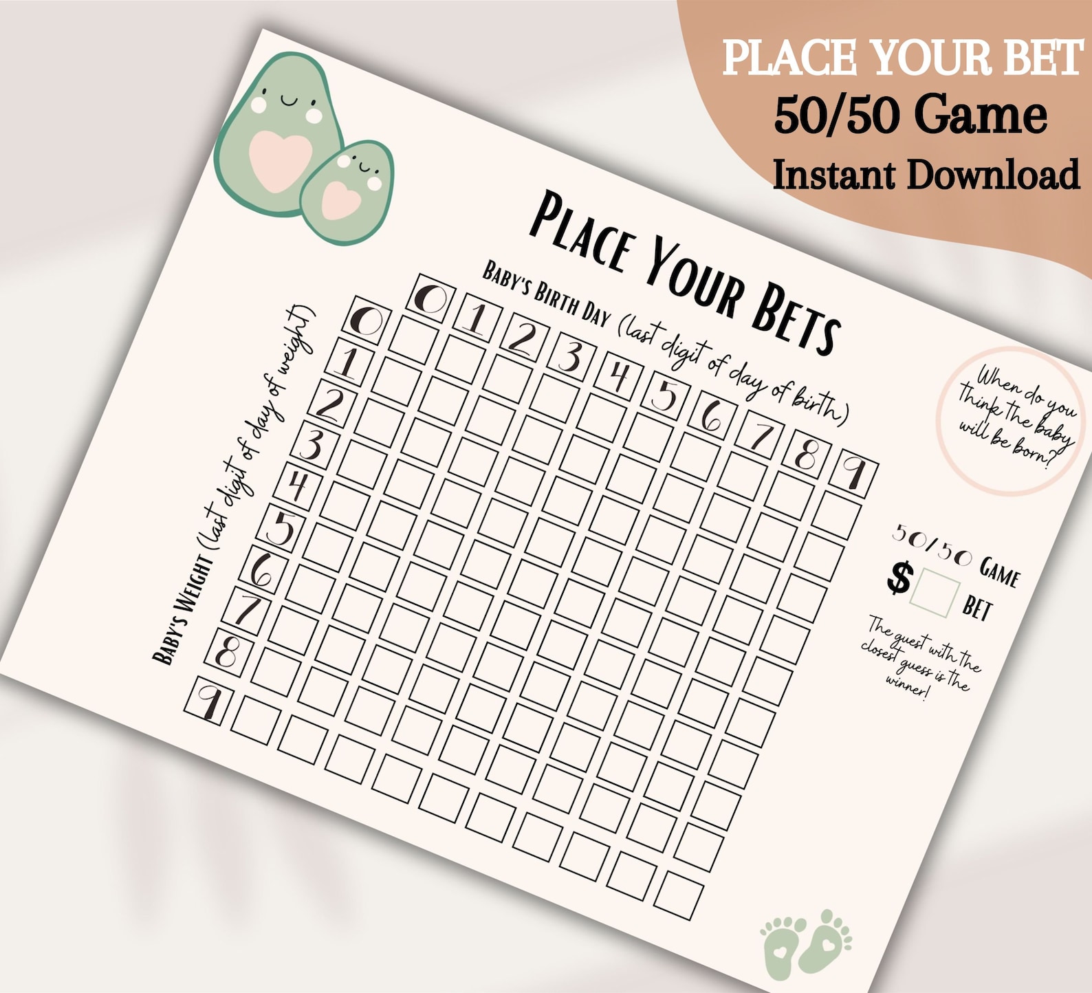 Guess Baby's Birth Date Calendar, Baby Prediction, 50/50 Game Baby ...