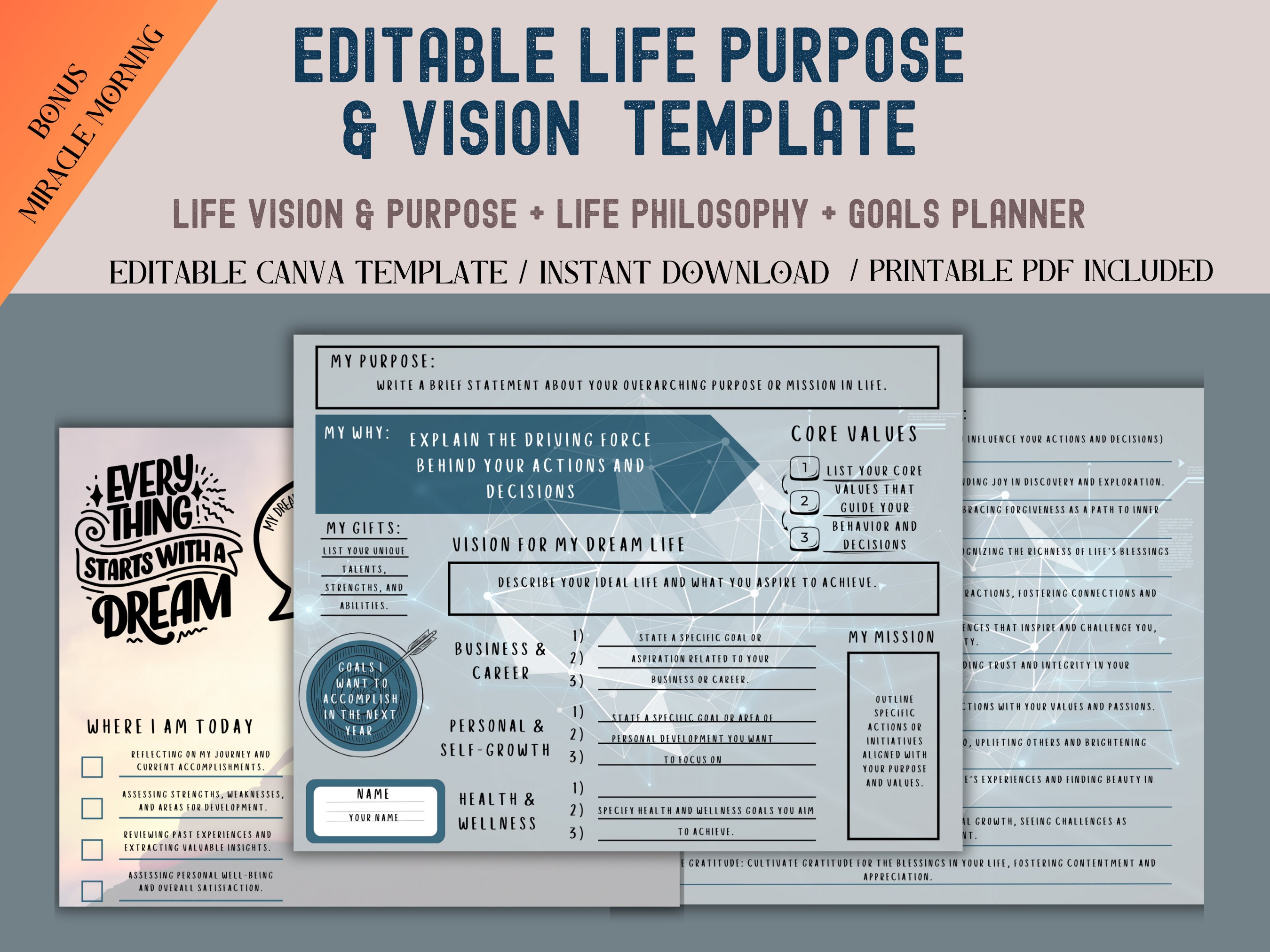 Editable Life Planner Vision Template, Life Purpose Chart, Life Vision ...