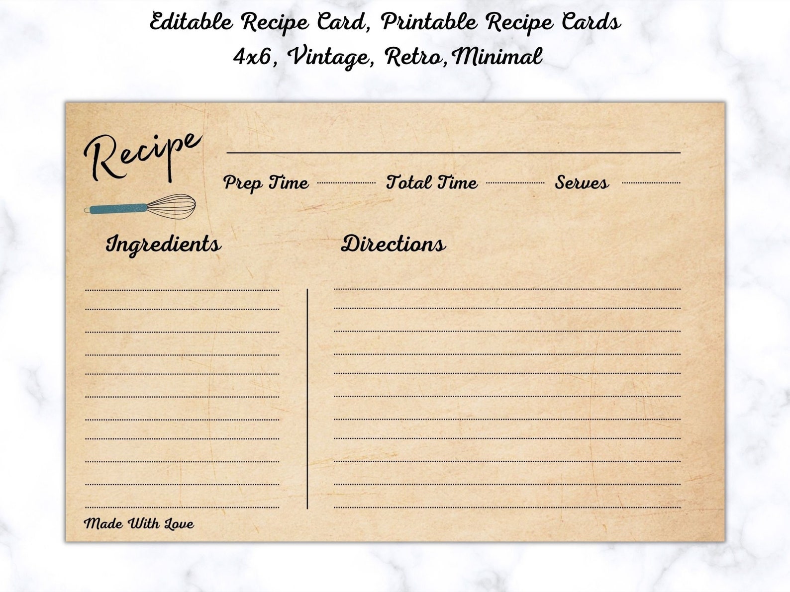 Editable Recipe Card, Printable Recipe Cards 4x6, Vintage and White ...