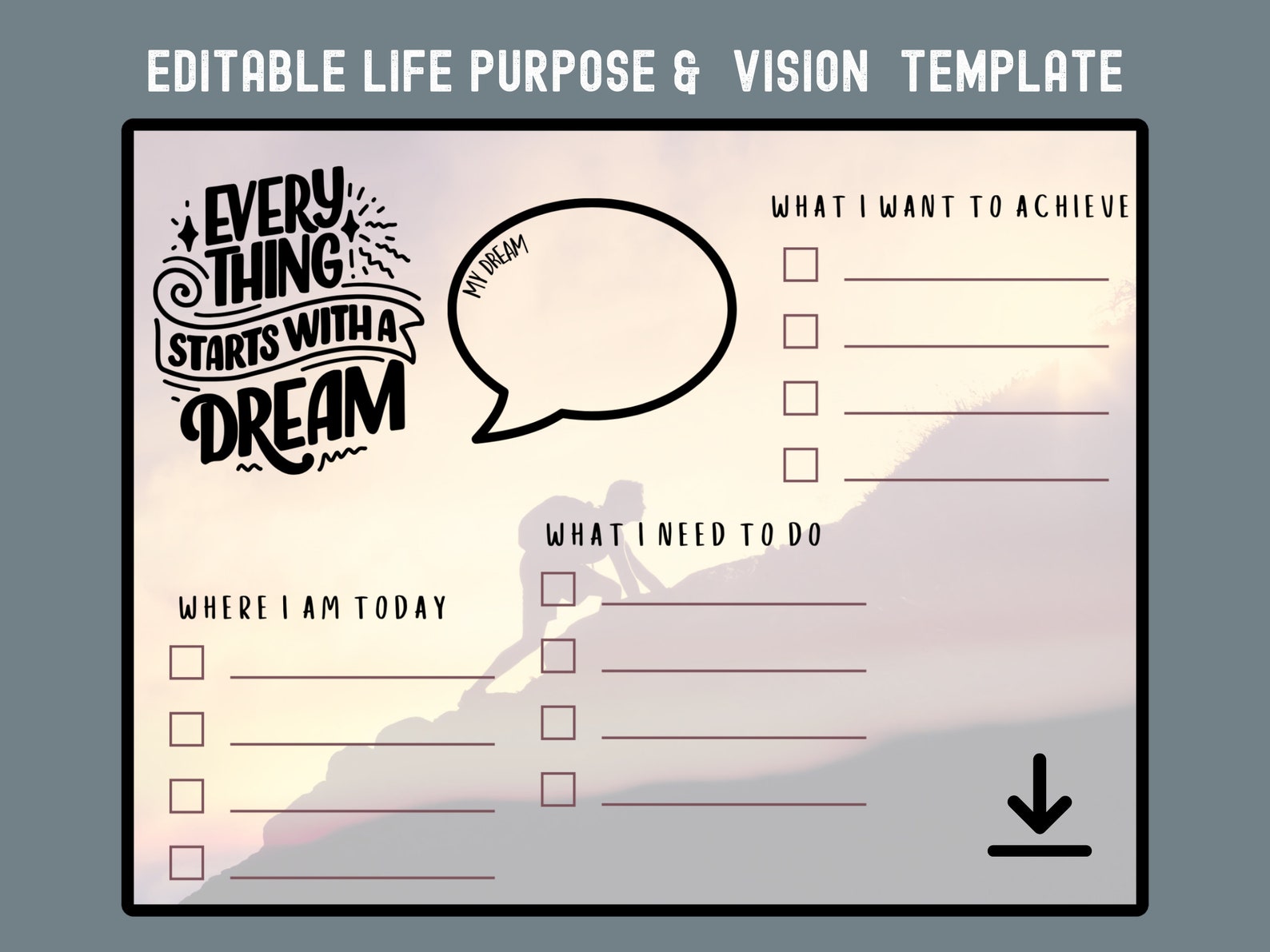Editable Life Planner Vision Template, Life Purpose Chart, Life Vision ...