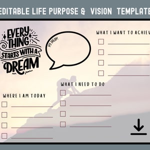Editable Life Planner Vision Template, Life Purpose Chart, Life Vision ...